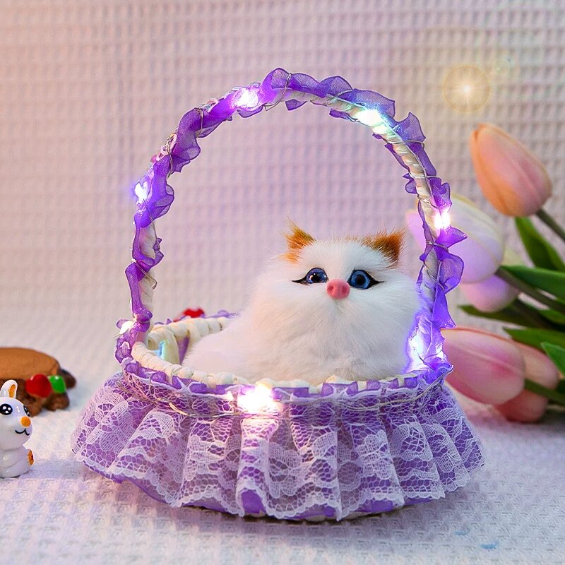 Реалистичная плюшевая игрушка-кошка для детей, светящаяся игрушка-кошечка в корзине, статическая модель-украшение,