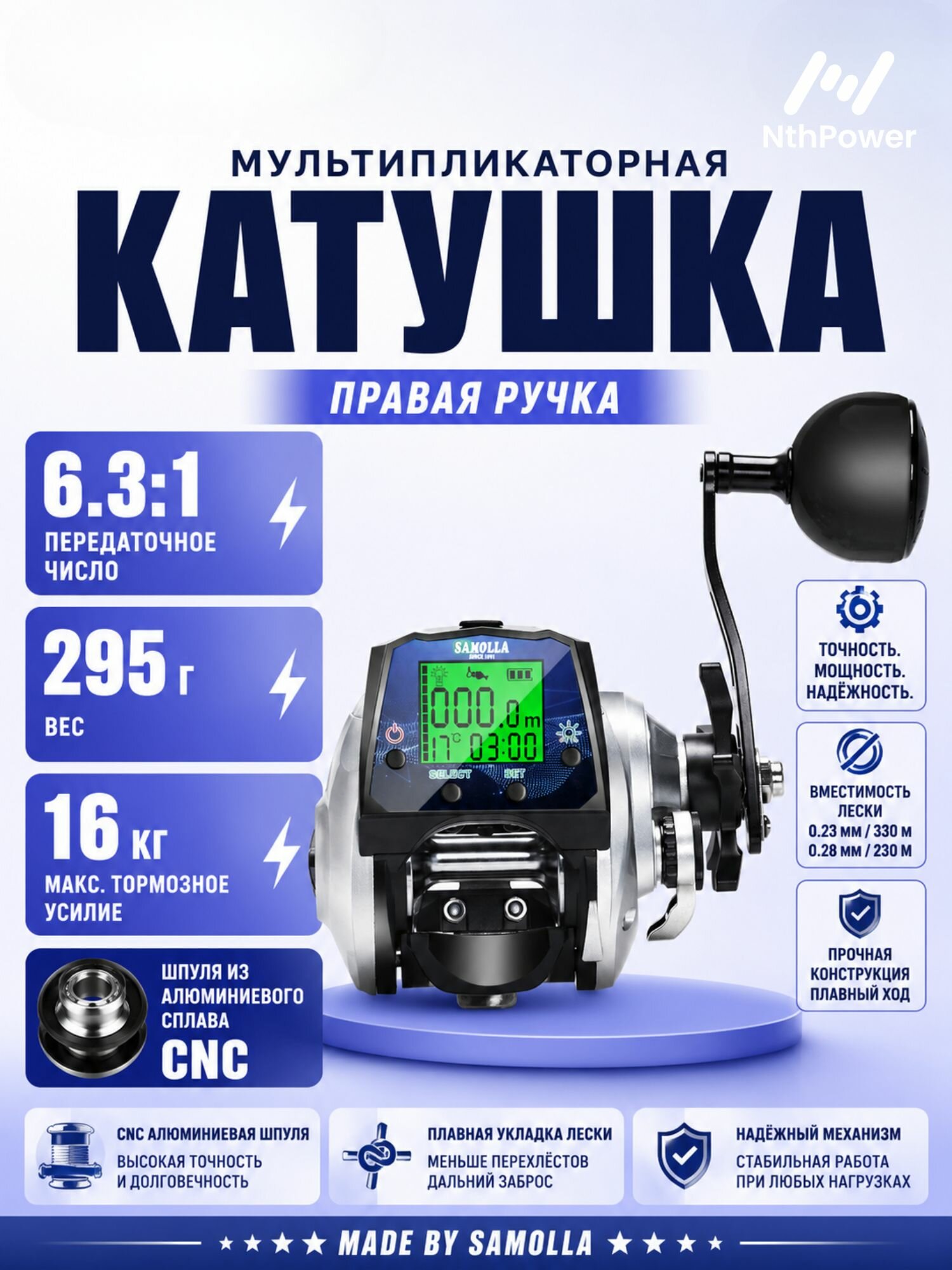 Катушка для морской рыбалки TX1200R, LCD дисплей, 7+1 подшипник, 0.23/330м, 0.28/230м