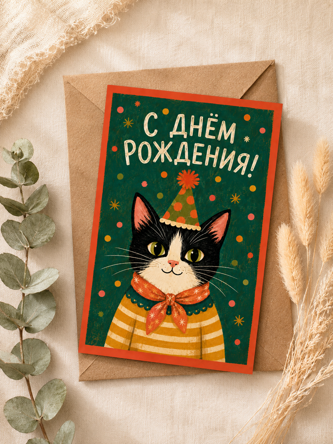 Открытка «С Днём Рождения!» с котом в колпаке, подарочная открытка 10×15 см, с крафт-конвертом