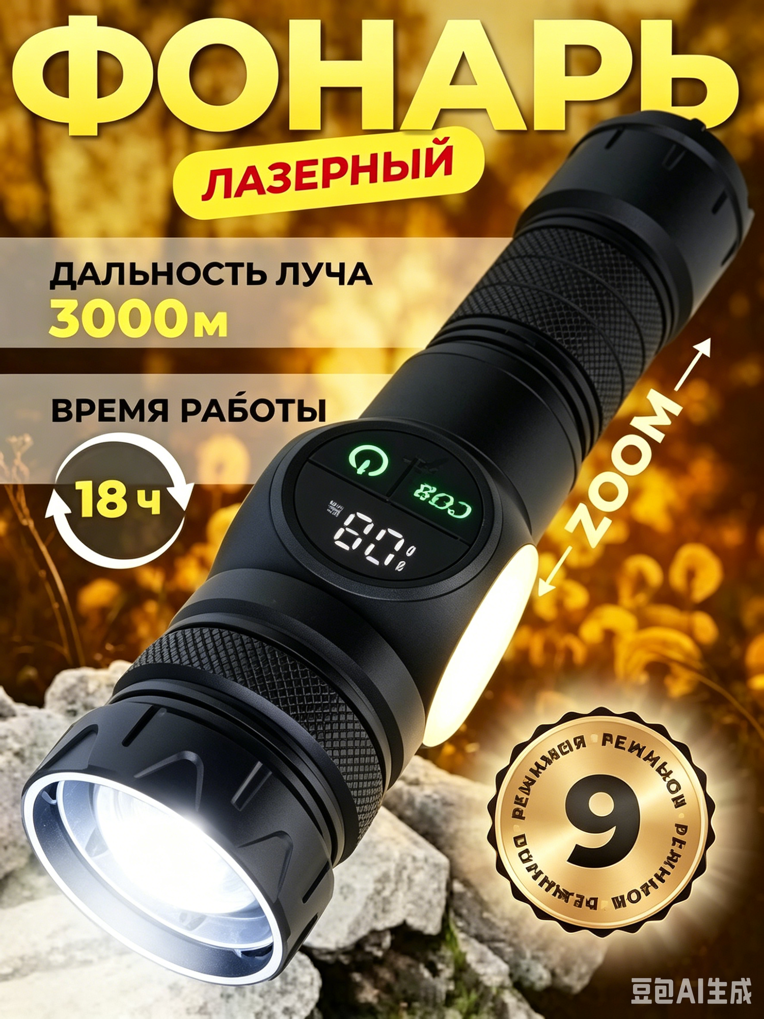 Фонарь лазерный аккумуляторный ручной для кемпинга/9 режимов/черный/зум