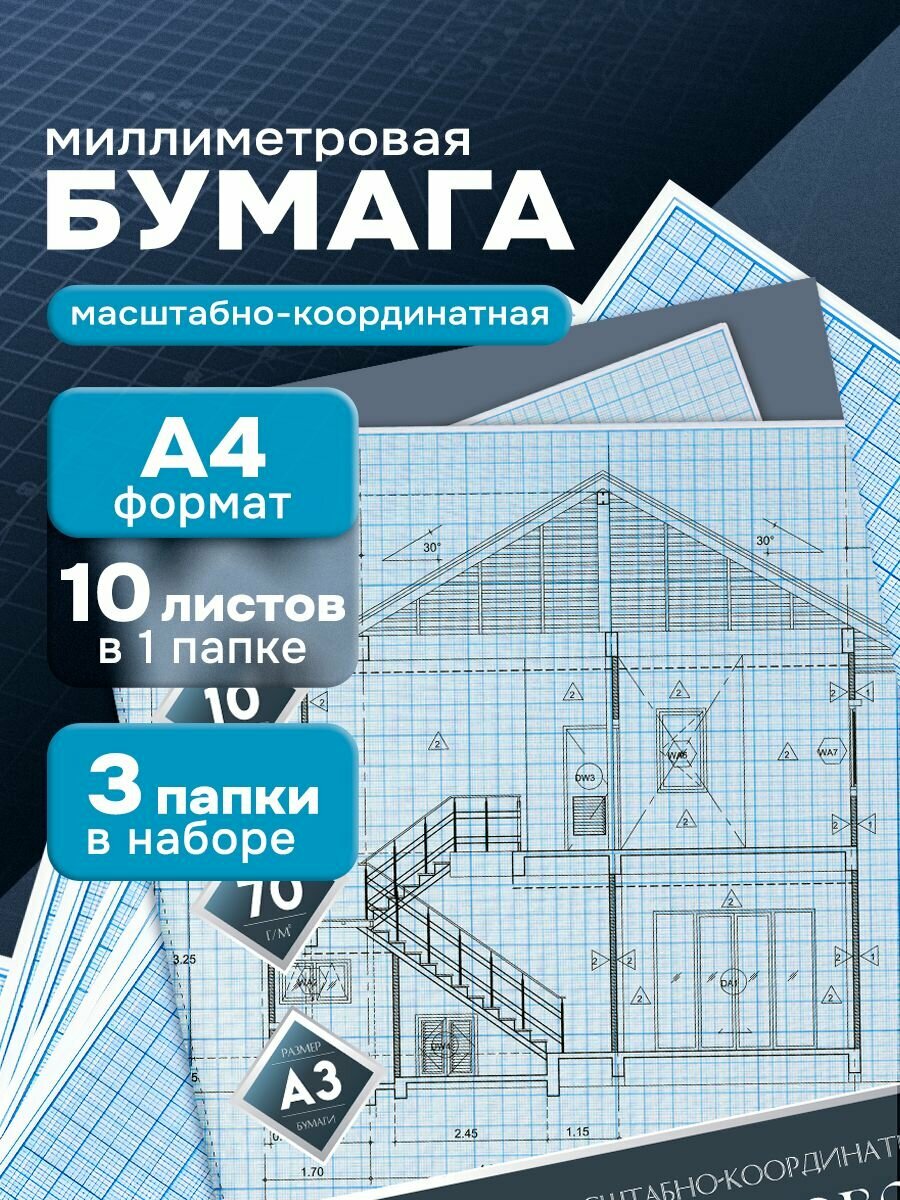 Миллиметровая бумага масштабно-координатная А4 10 листов 3шт