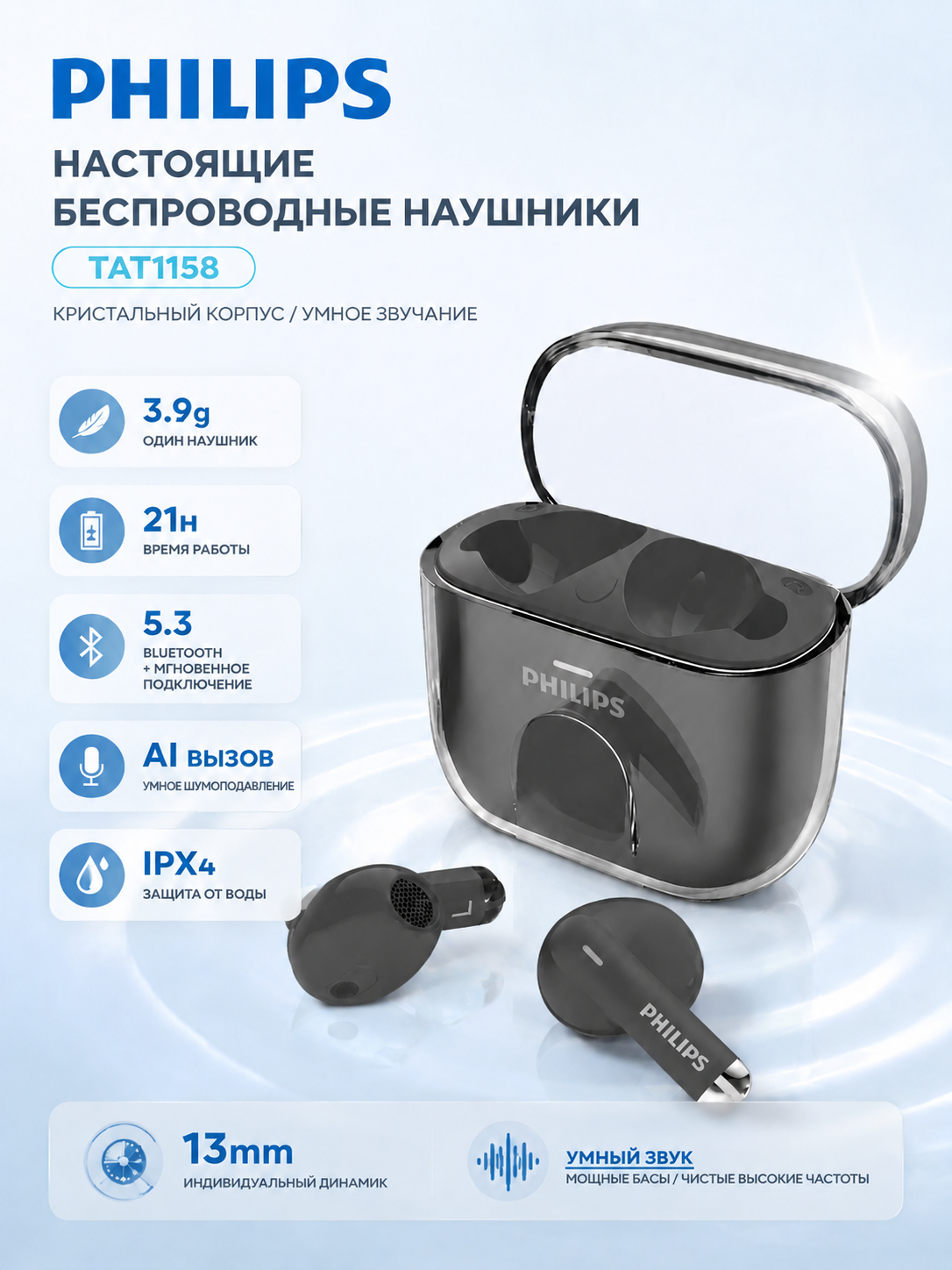 Philips TAT1158 Беспроводные наушники TWS Bluetooth 5.3, 21 час работы, AI микрофон, игровой режим, IPX4, белый