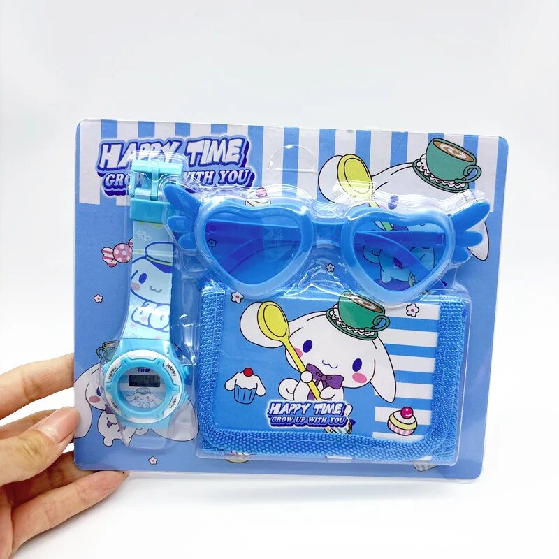 MINISO Стильный набор из 3 предметов: часы Hello Kitty с единорогом, кошельком и очками, а также детские часы с мультяшным Человеком-пауком,