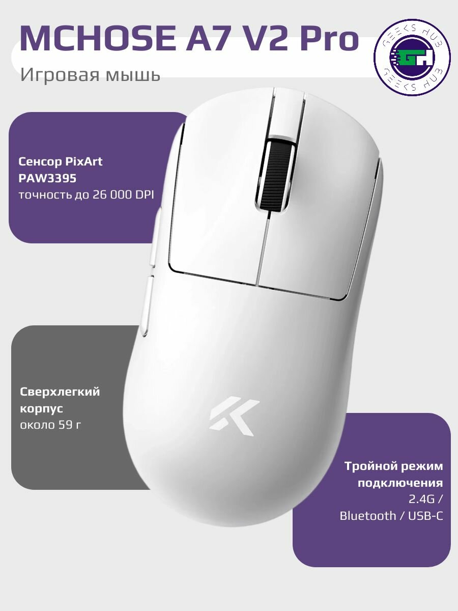 Игровая мышь MCHOSE A7 V2 Pro, белая, 26 000 dpi, 3 способа подключения