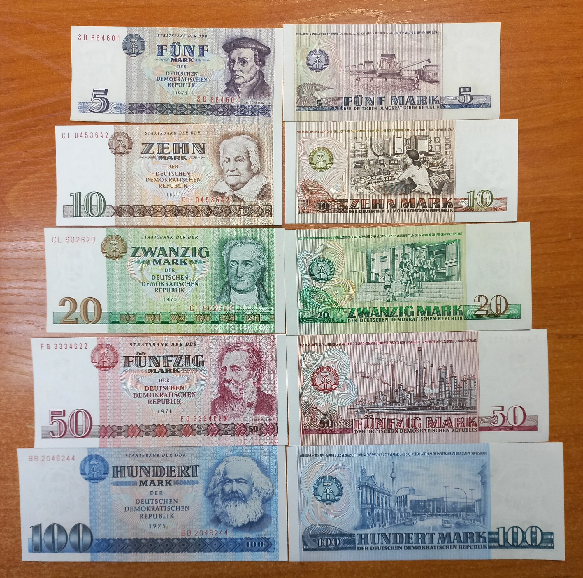 Набор банкнот 5штук ГДР Германия 5 10 20 50 и 100 марок 1971-1975 год UNC