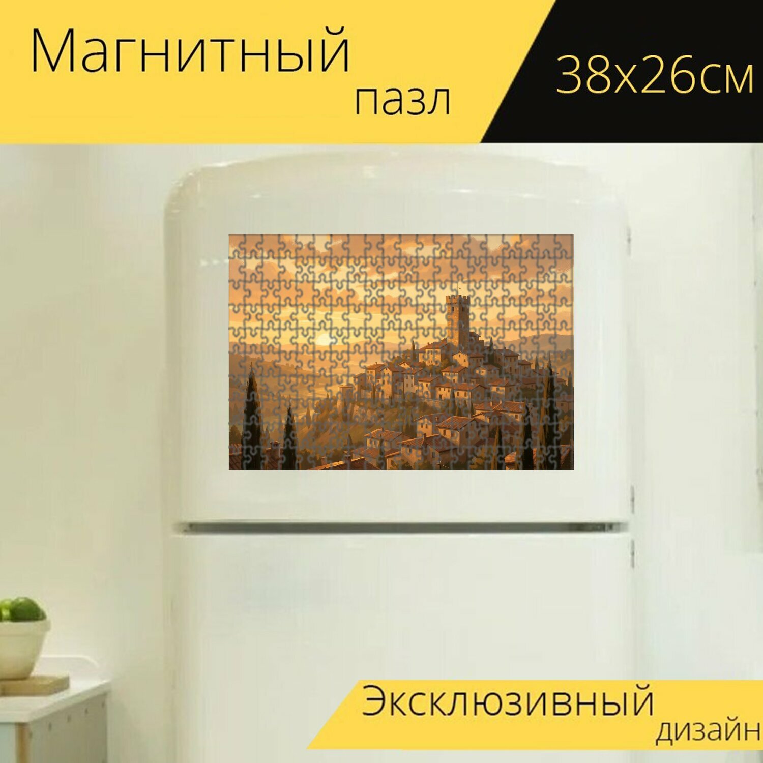 Магнитный пазл "Средиземноморский городок на закате. Живописная тосканская деревня на холме с каменными домами, высокой башней и кипарисами, залитая золотым." для интерьера, 38х26 см.