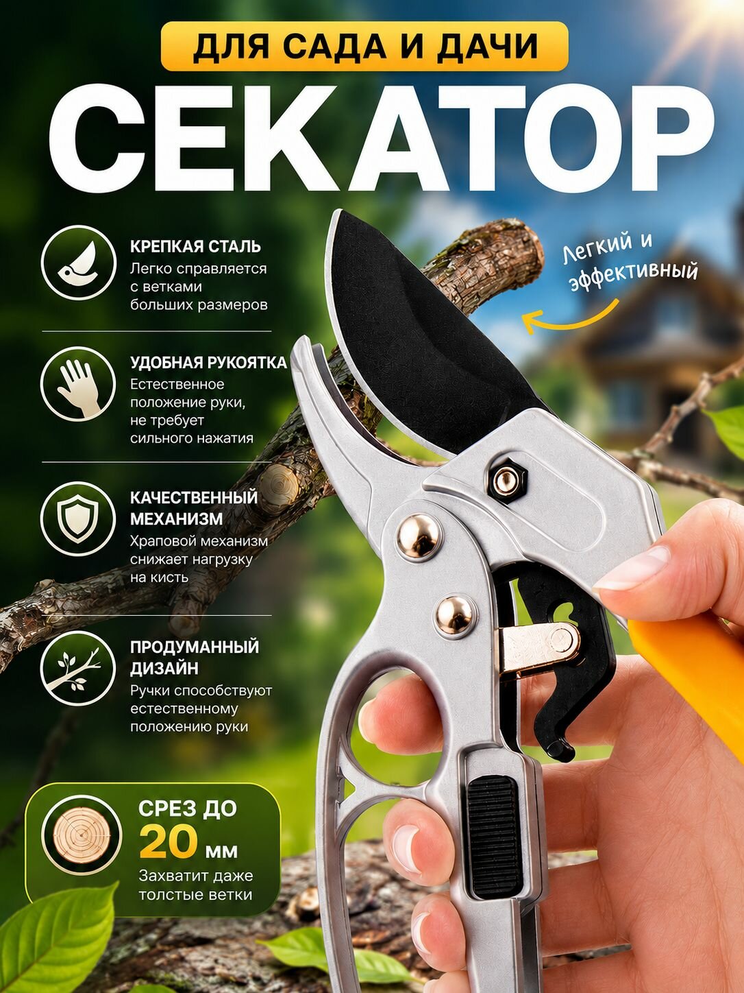Секатор садовый профессиональный с храповым механизмом. Сучкорез