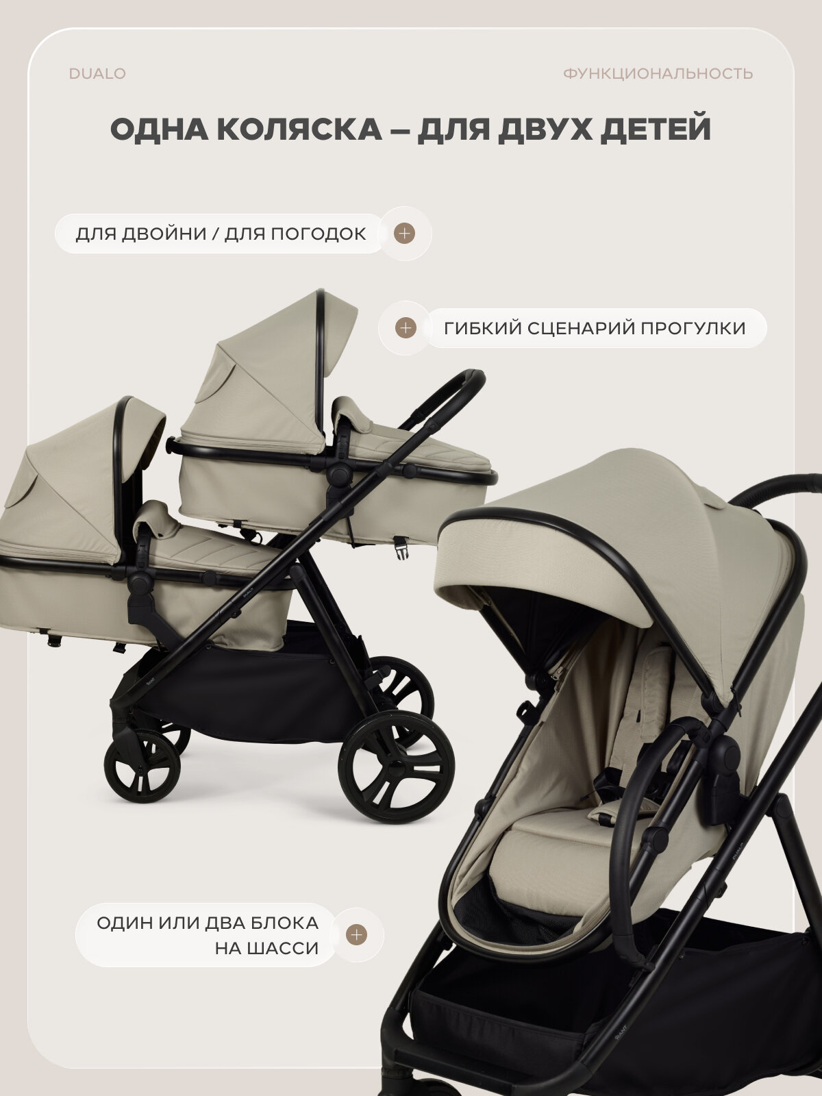 Коляска-трансформер детская для близнецов Rant basic Dualo, Beige — фото 1