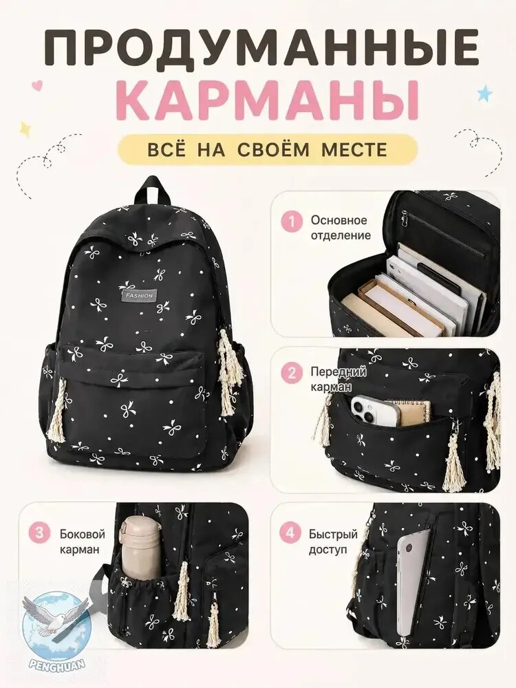 Черный капроновый школьный рюкзак для девочек, вмещает формат А4, 20-30 л, Осень-зима 2025 — фото 1