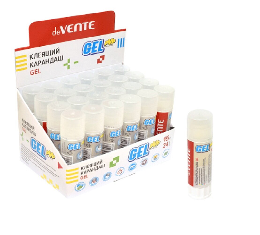 Клей-карандаш deVente "Gel", 15гр, основа PVP, быстросохнущий, картонный дисплей, смываемый, морозоустойчив, 24 шт