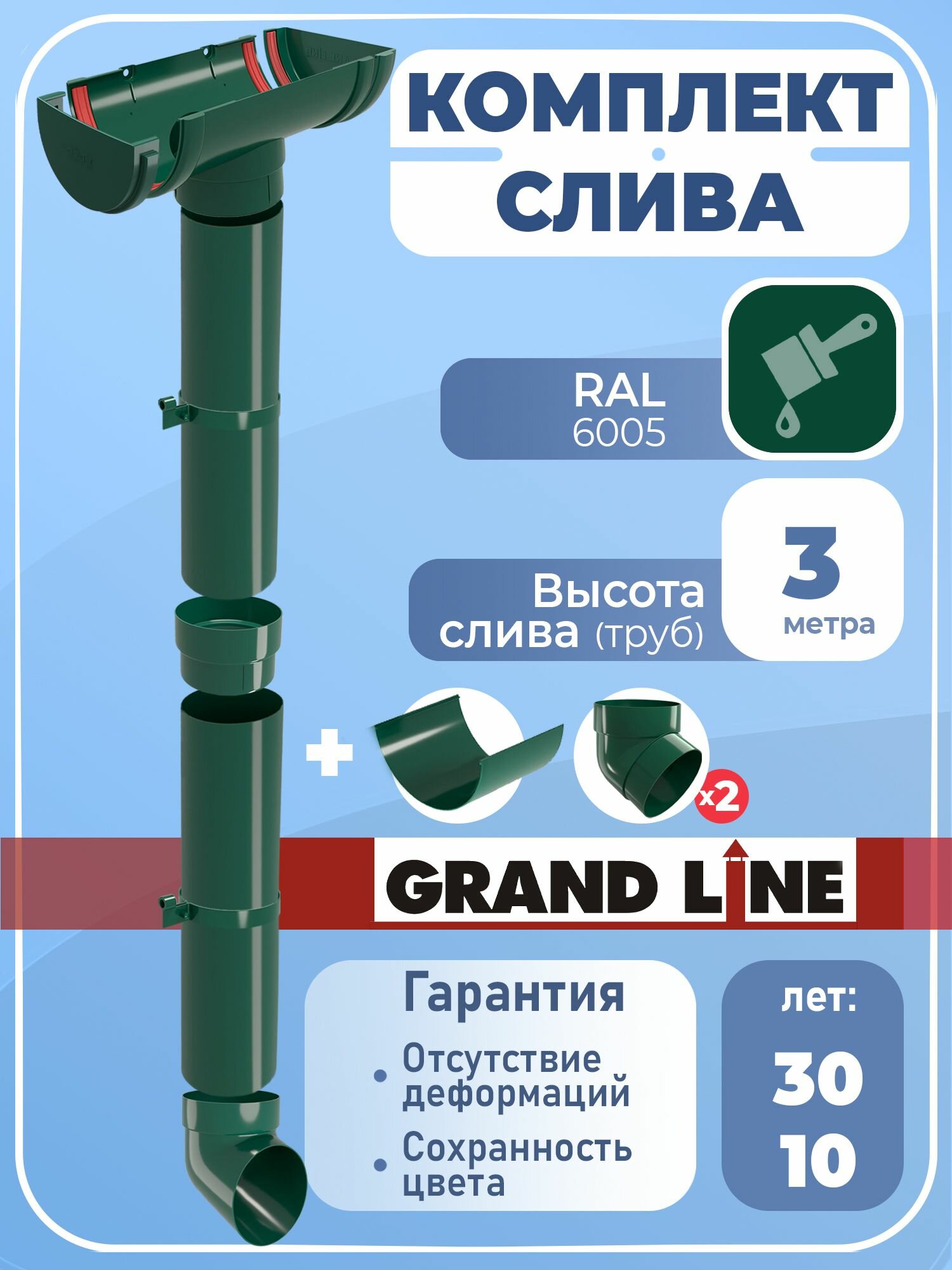 Комплект слива Grand Line на 3 метра, набор водостока (зеленый мох RAL 6005) система водоотведения пластиковая