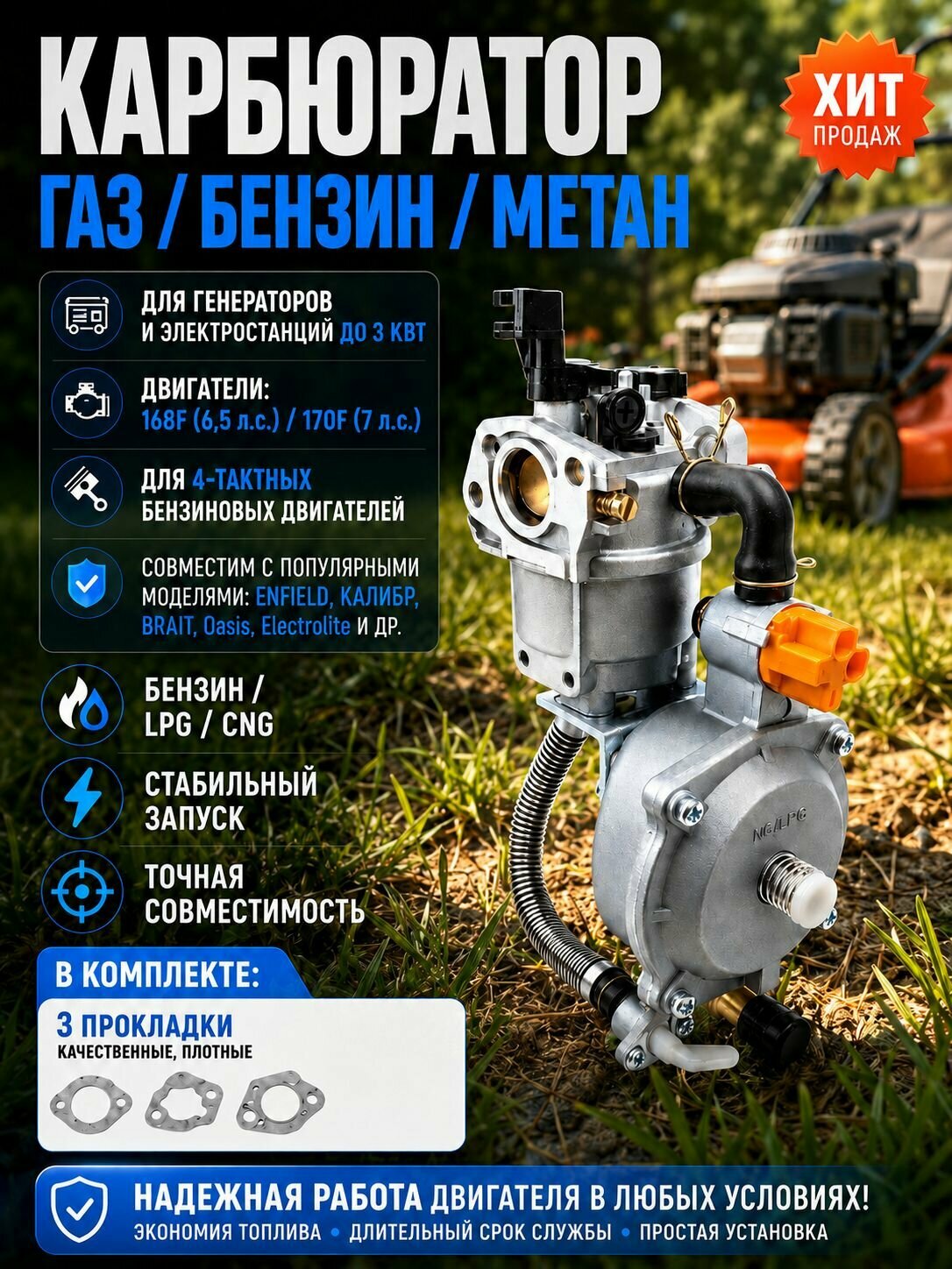 Карбюратор для генератора 168F/170F, 3 кВт, 6.5-7 л. с, много топливо: бензин, метан, природный газ