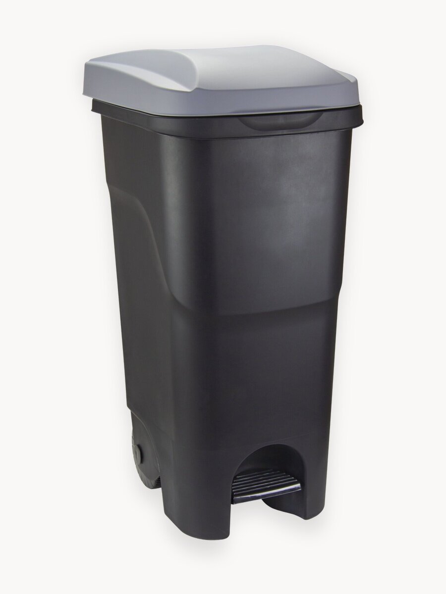 Бак для мусора с педалью, 85 л, с крышкой, с колесами, квадратный, черный
