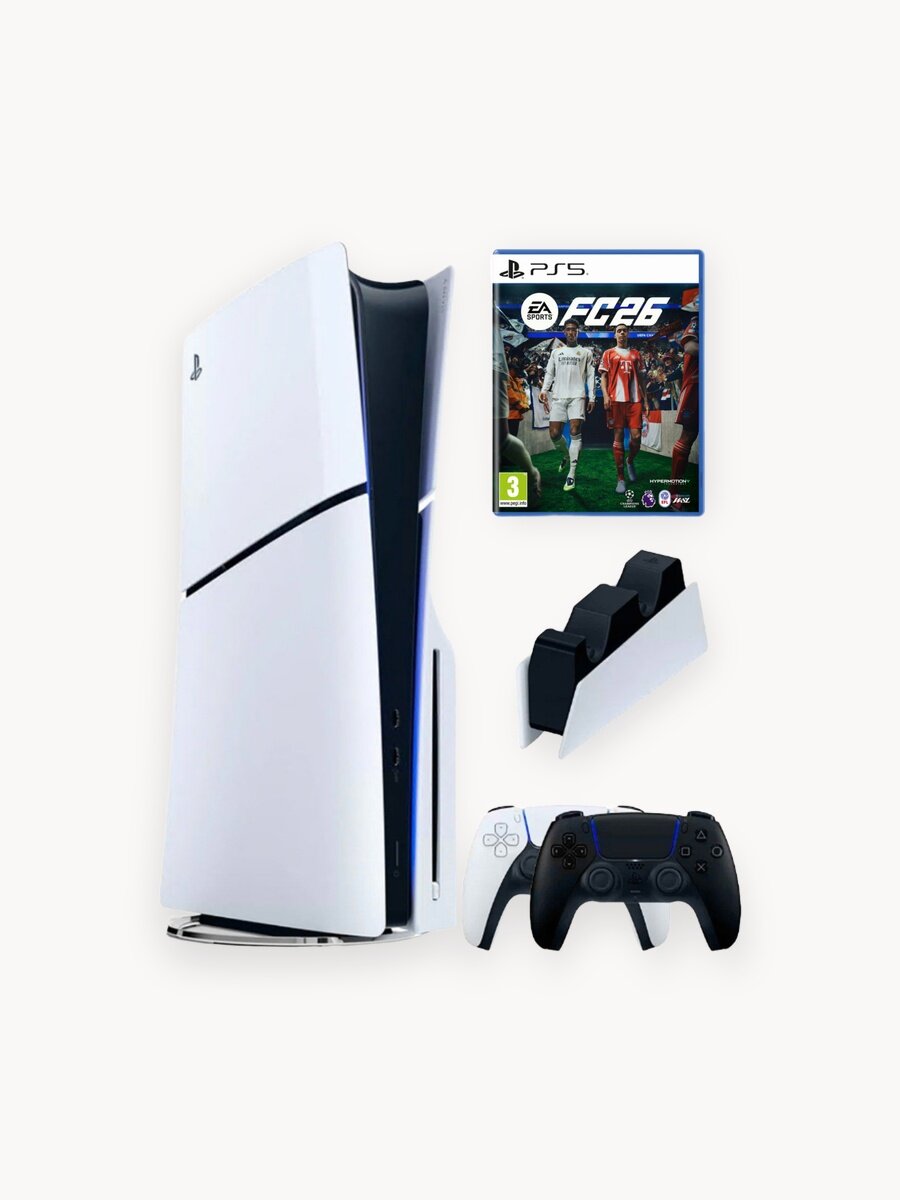Игровая приставка Sony PlayStation 5 Slim, с дисководом,1 ТБ, зарядная станция, 2й геймпад (черный) + игра FC26
