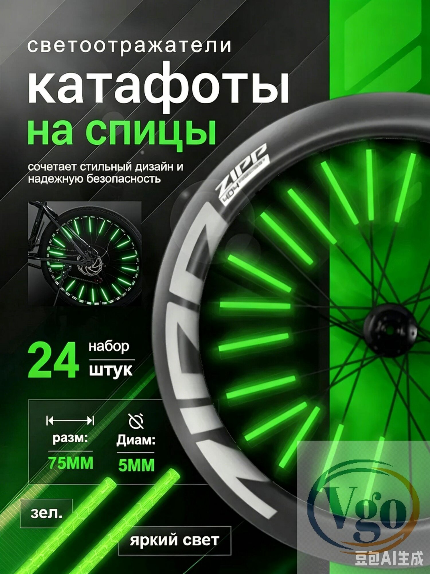 Катафоты для велосипеда, светоотражатели на велосипед, цвет зеленый, 2 упаковки, 24 шт.