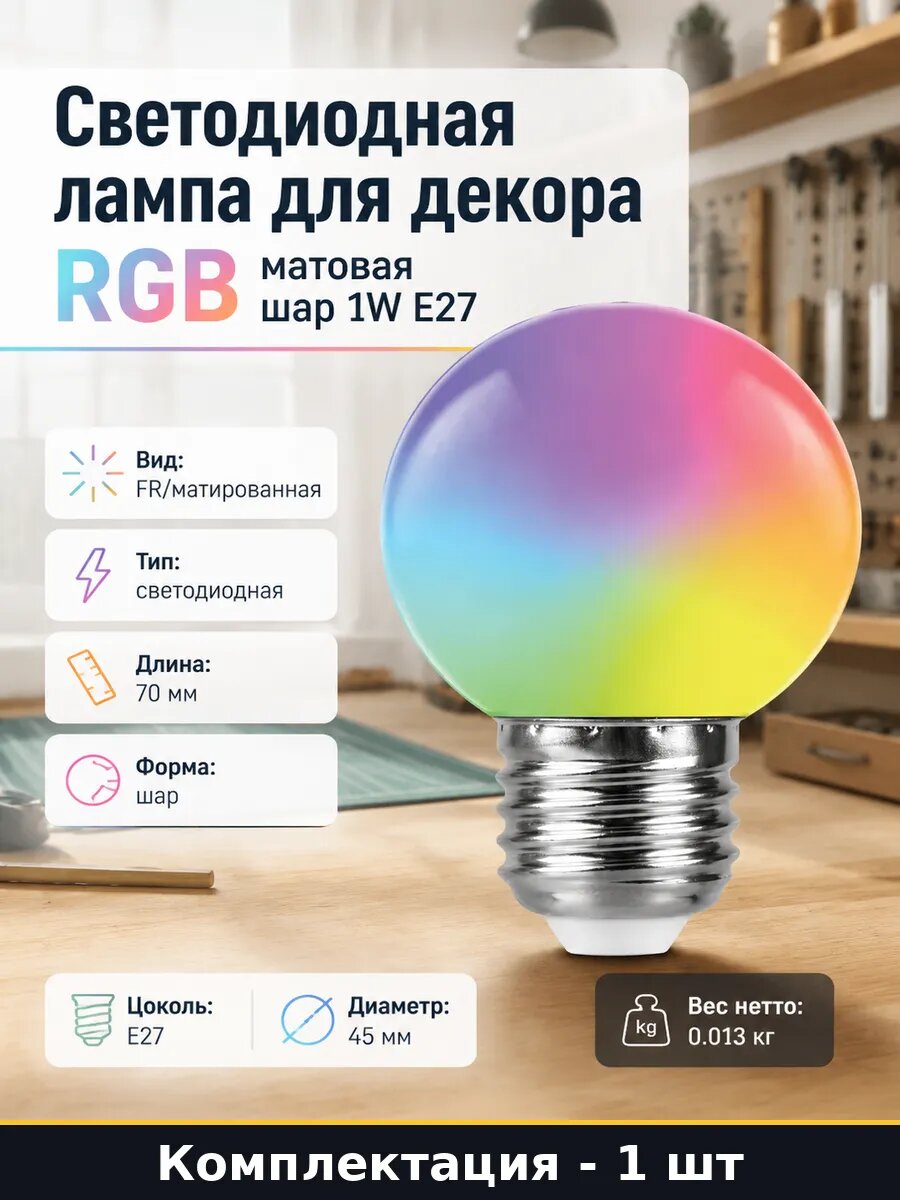 Светодиодная лампа для декора RGB матовая шар 1W E27