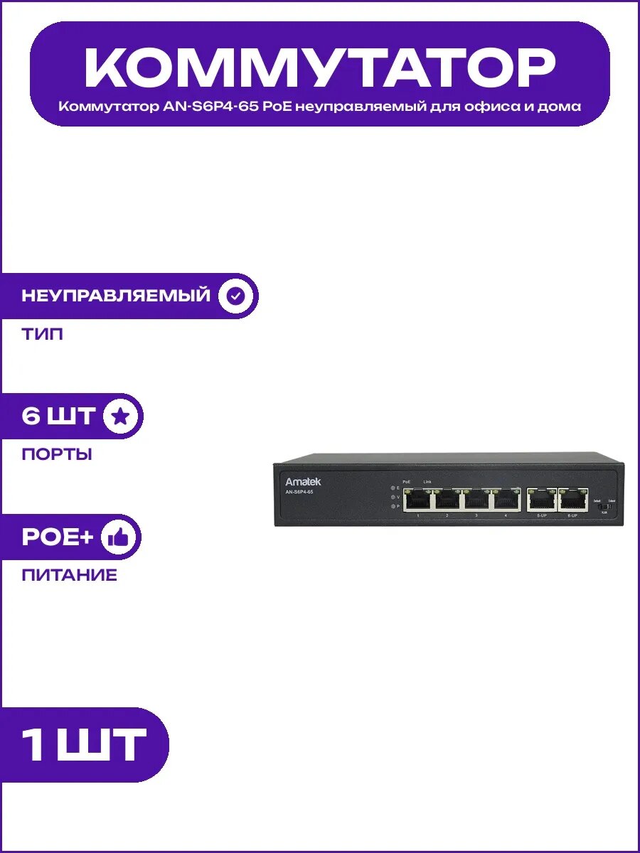 Сетевой коммутатор AN-S6P4-65 PoE металлический корпус 0.9кг