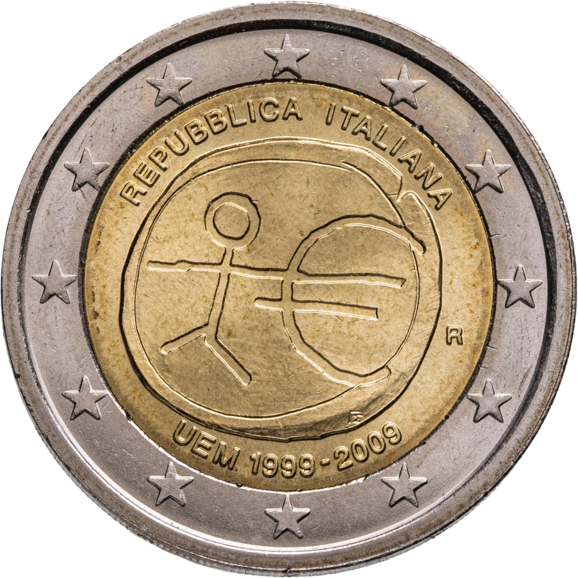 Италия 2 евро 2009 "10 лет Экономическому и валютному союзу", Биметалл, в сохранности UNC