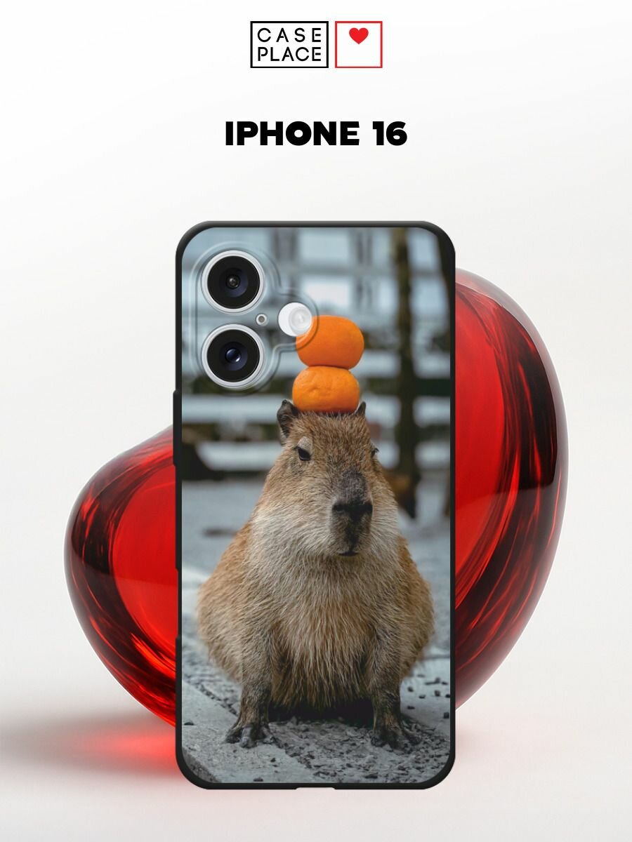 Черный матовый чехол на Apple iPhone 16 / Айфон 16 с принтом Капибара медитирует