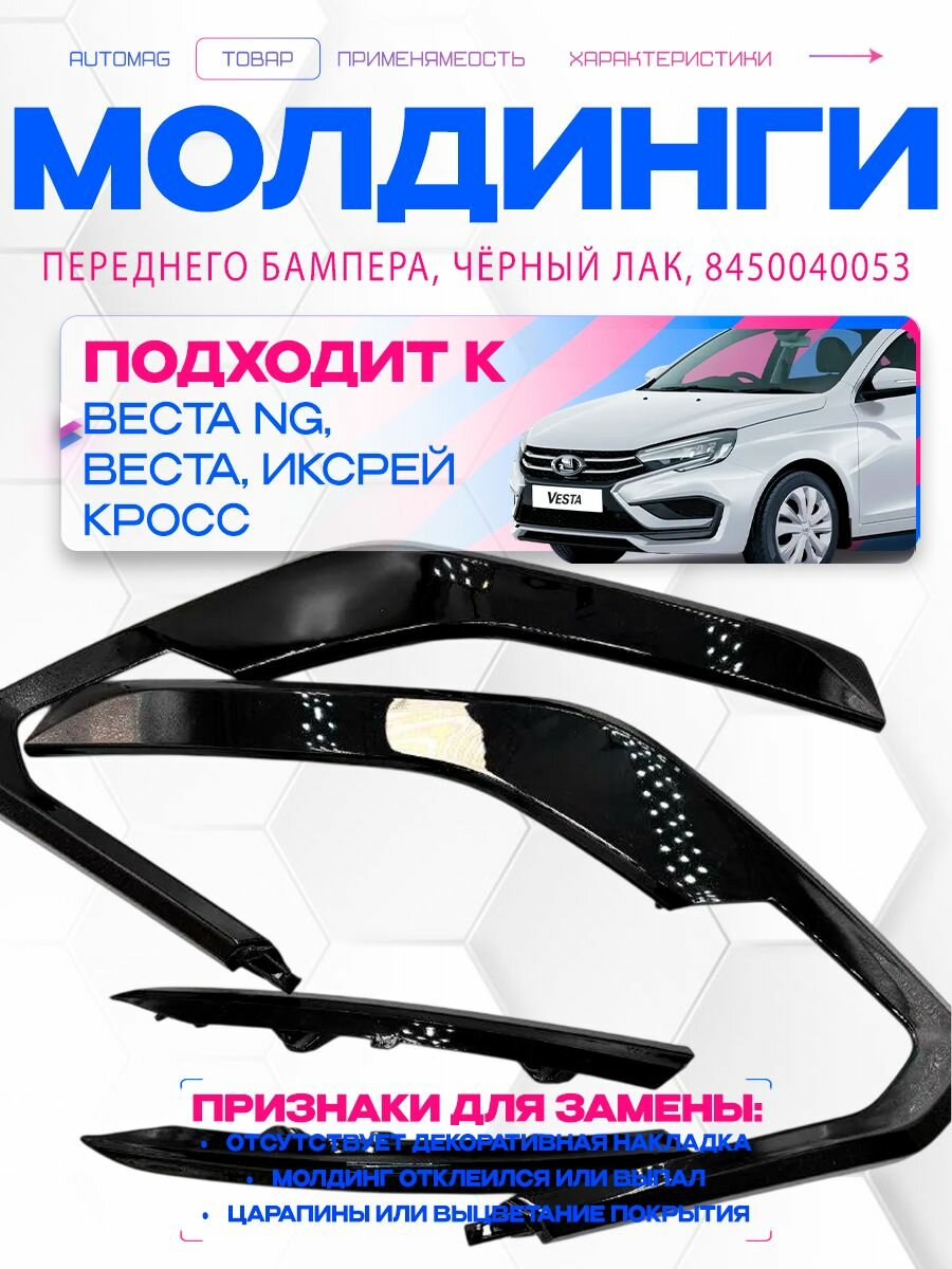 Молдинги переднего бампера Lada Vesta NG, чёрный лак, комплект 4 шт.