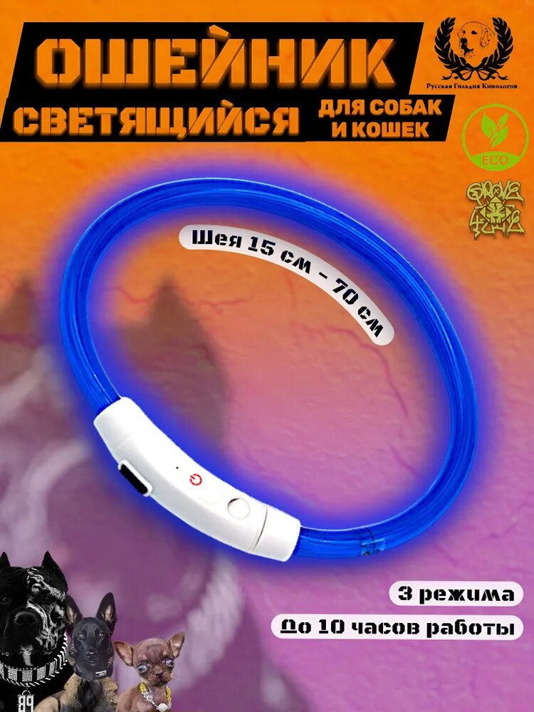 Синий светящийся ошейник для собак и кошек с usb зарядкой. Размер от 15см до 70 см регулирующийся.
