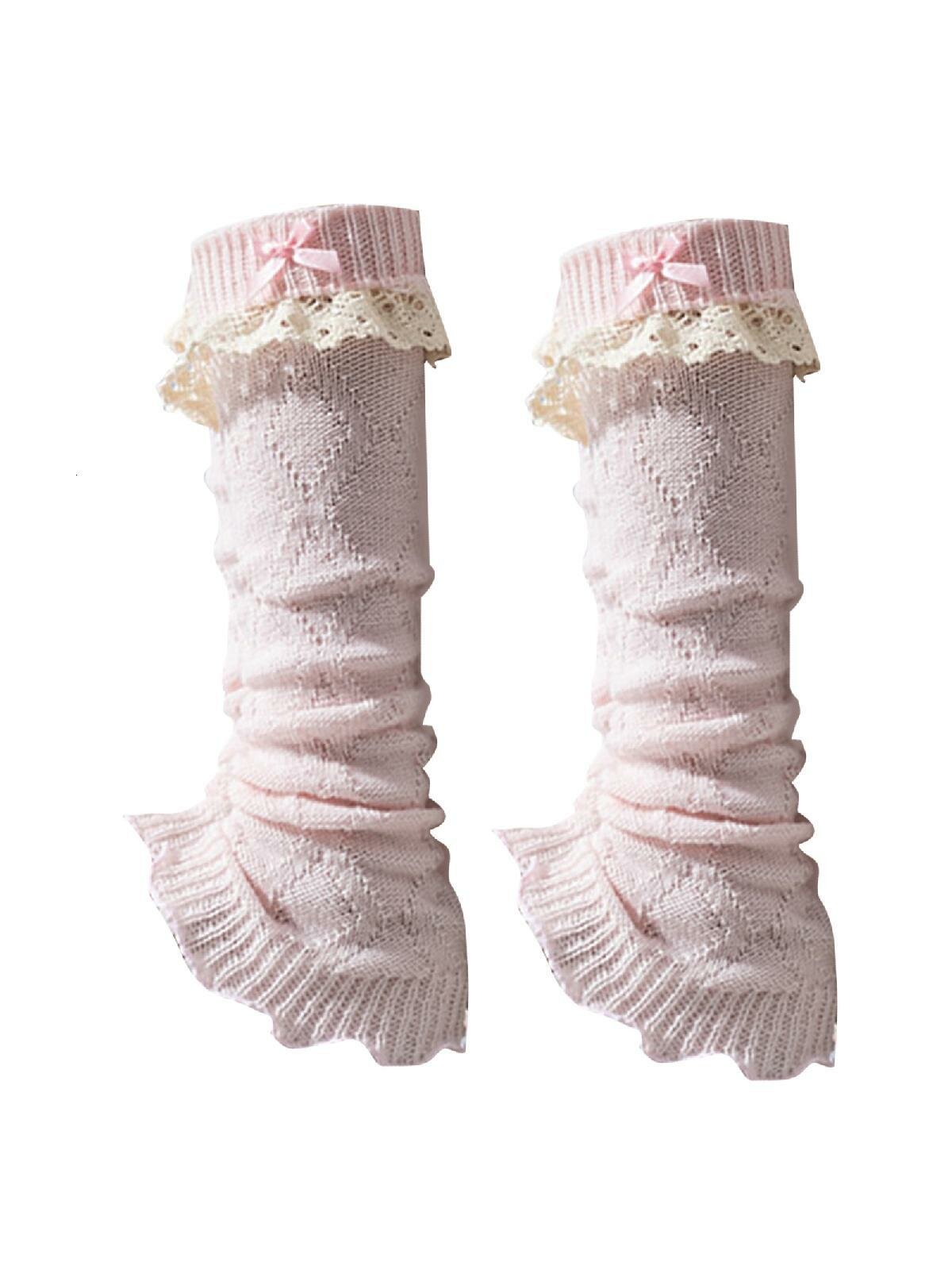 Женские вязаные гетры с кружевами и бантом, розовые волны