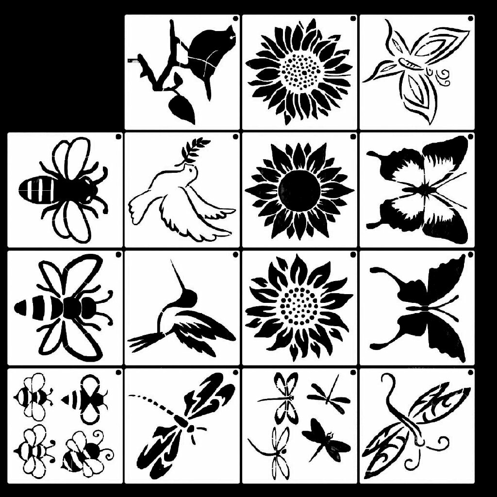 Набор шаблонов для рисования из 15 штук бабочек и пчел