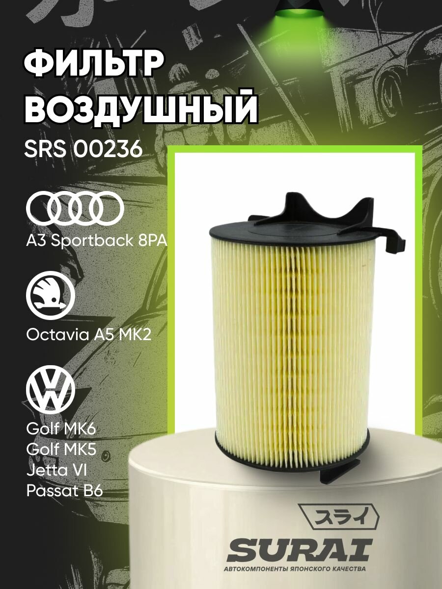 Фильтр воздушный SURAI для Audi A3 Sportback (8PA), Skoda Octavia A5 MK2, Volkswagen Jetta VI (SRS 00236, аналог 1K0129620C)