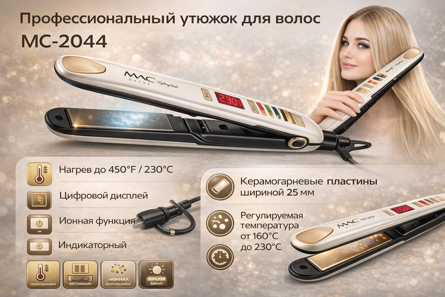 Профессиональный утюжок-выпрямитель для волос MC-2044 с ионизацией, дисплеем и нагревом до 230°C