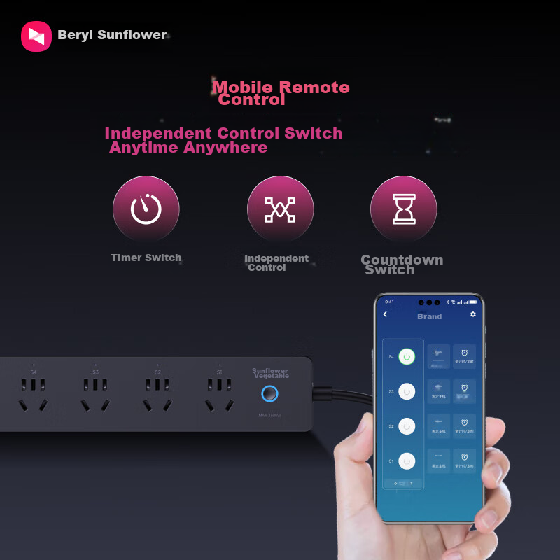 Beirui Sunflower Smart Power Strip/Extension Cord/Surge Protector/Socket with WiFi Remote Control, Four Independent Outlets, Mobile Phone Remote Control, Timer Switch, Power Consumption Statistics, WiFi P1pro