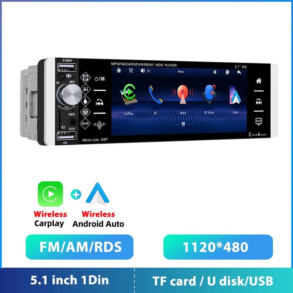Podofo 1 Din Carplay Android авто Автомобильный mp5-плеер 5,1-дюймовый HD 5.1-in Carplay auto