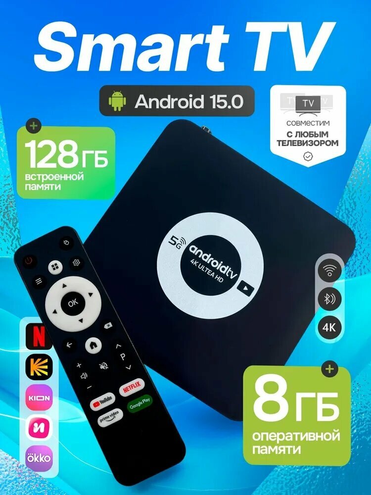 ТВ приставка Android TV 8K Ultra HD Смарт ТВ приставка с 8 ГБ RAM, 128 ГБ памяти, Медиаплеер