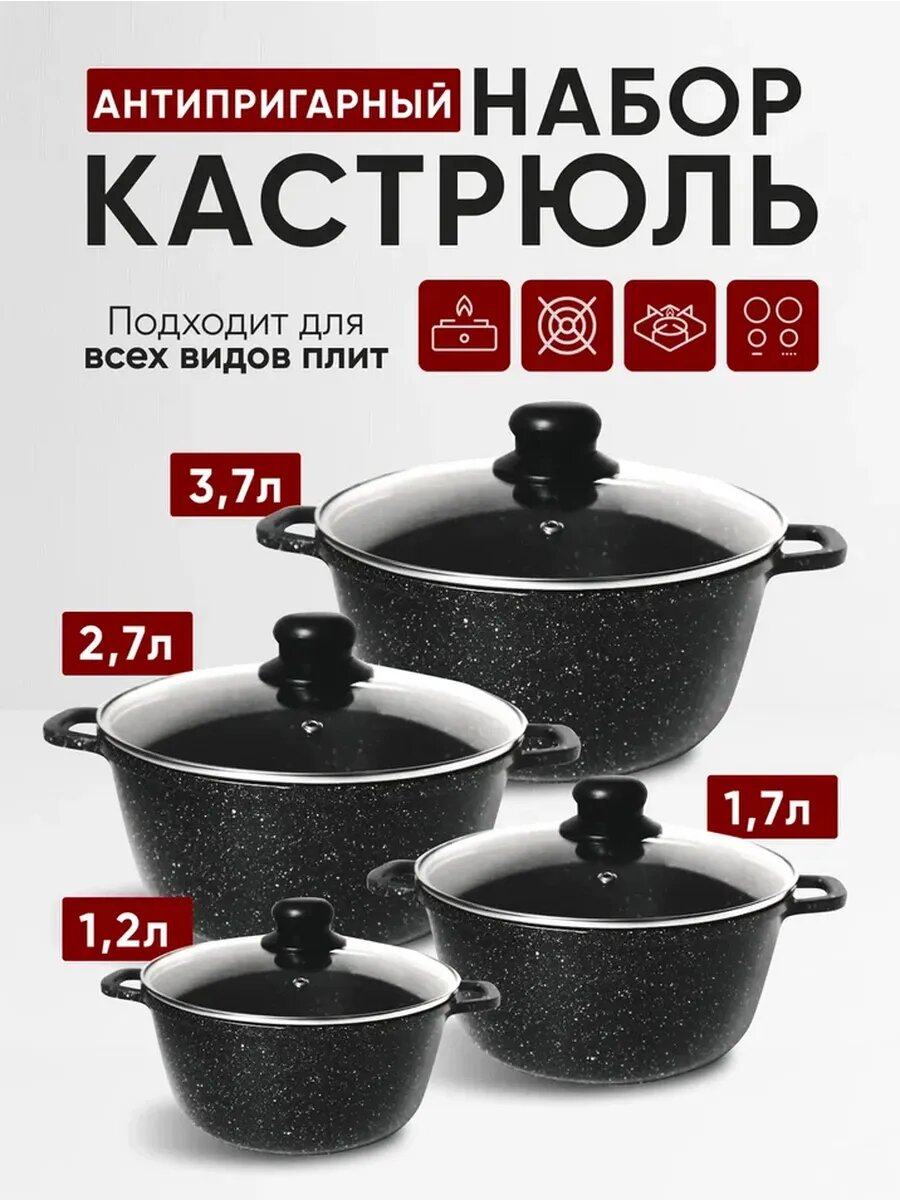 Набор кастрюль с крышками антипригарные с толстым дном