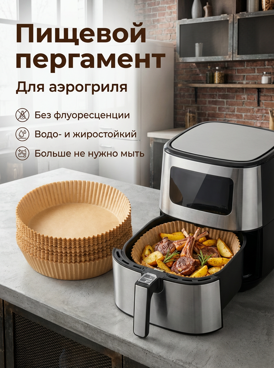 Пергамент вкладыш для аэрогриля, пергаментная бумага для выпечки, форма для выпечки бумажная, цвет бежевый, 20 см, 50 шт