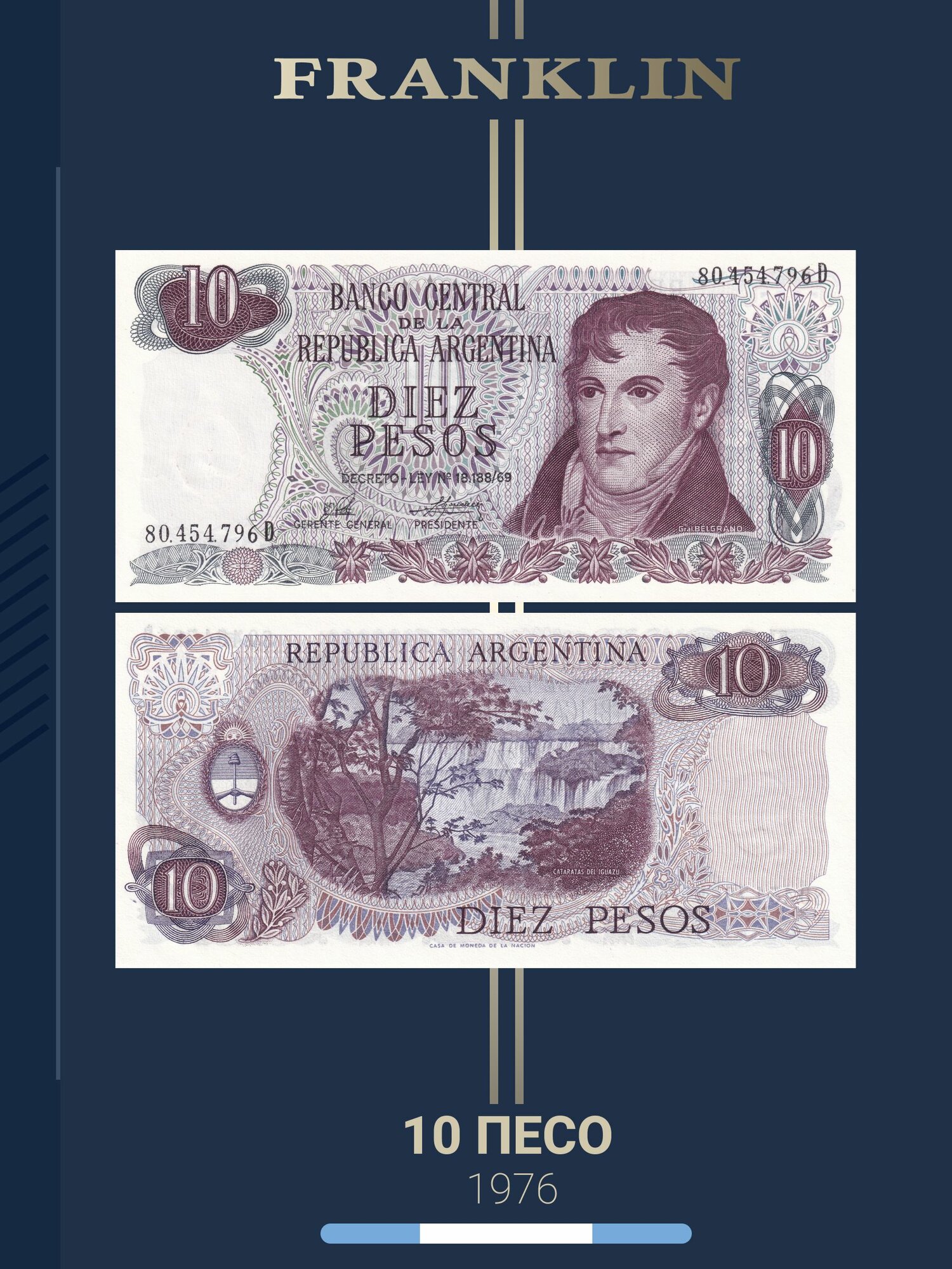 Банкнота Аргентина 10 песо 1976 год (UNC) Pick 295
