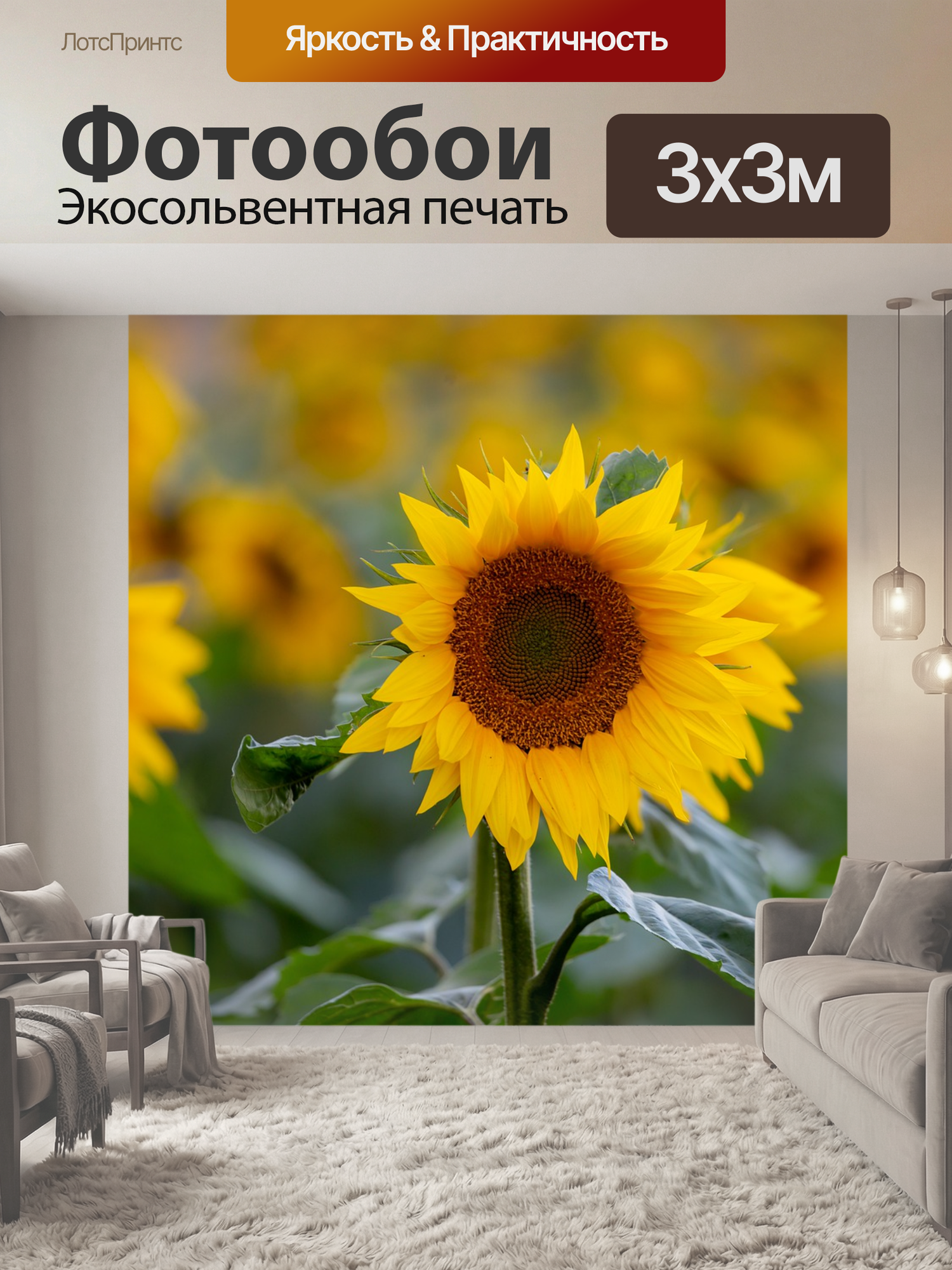 Фотообои "Цветы, подсолнухи, поле подсолнухов" 300x300 см. экосольвентная печать