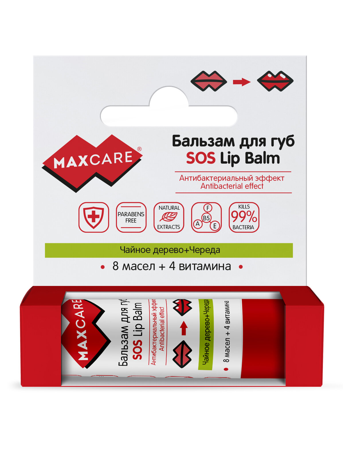 Бальзам для губ Maxcare Sos Lip Balm, чайное дерево и череда, 4.2г
