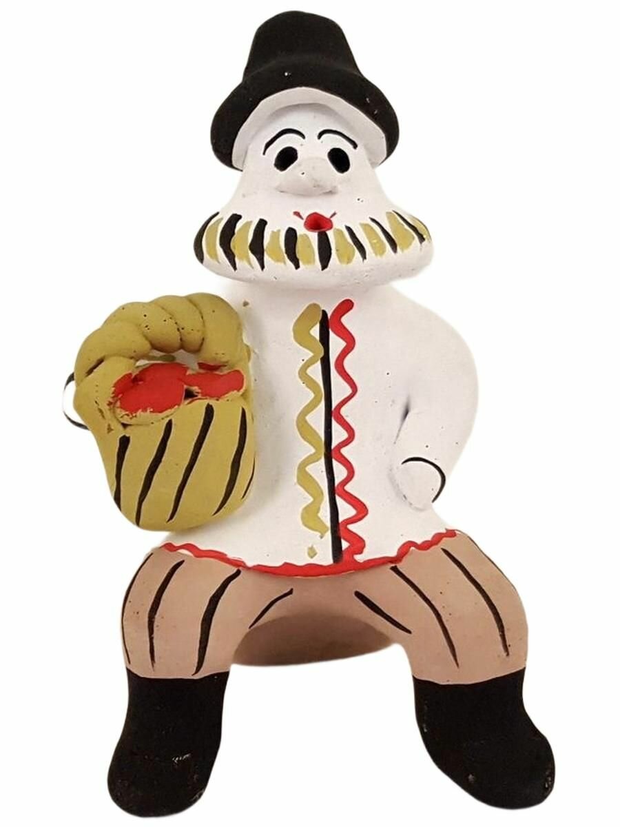 Мужичок с корзиной, Каргопольская глиняная игрушка, ручная авторская работа