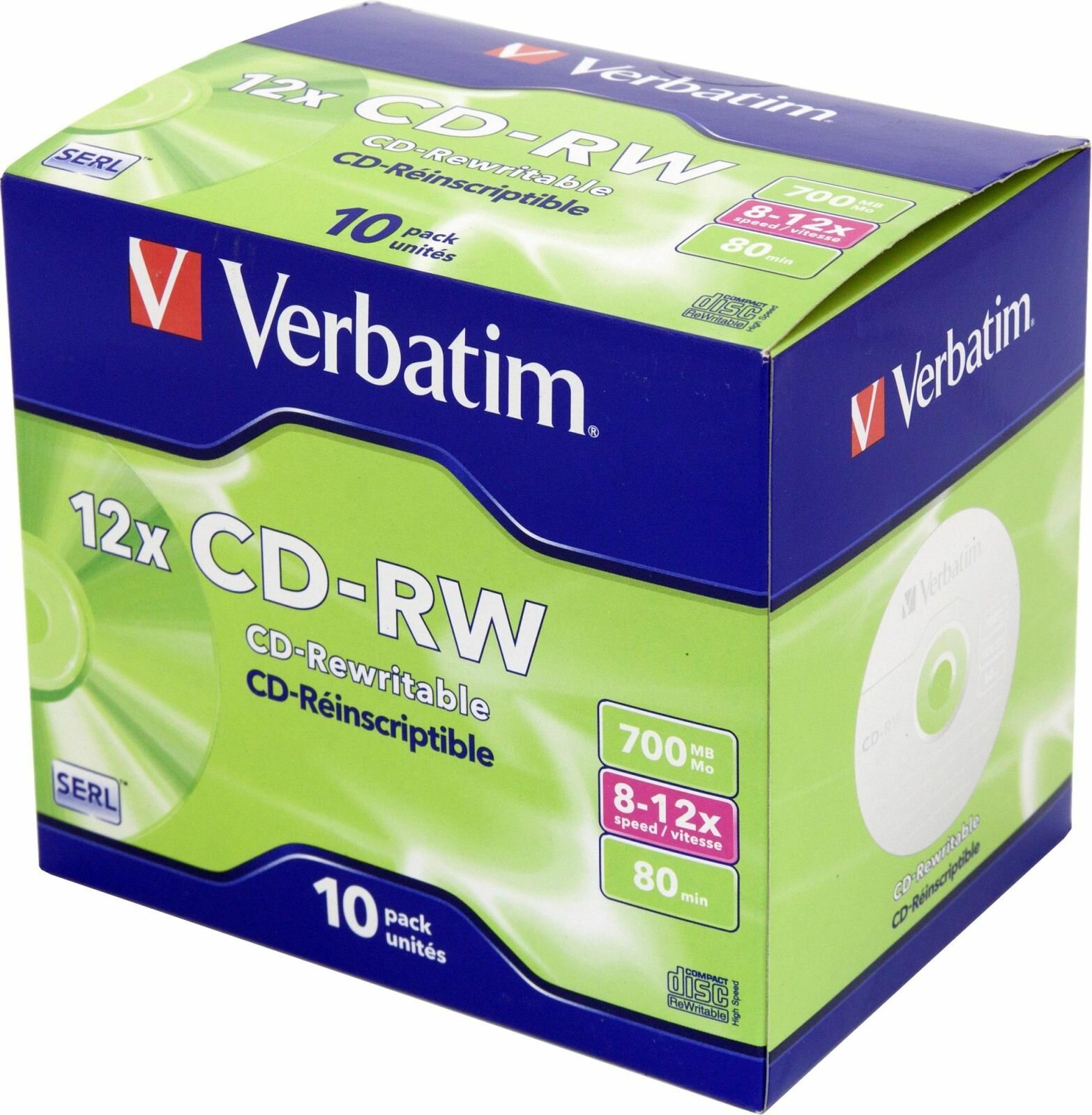 Диск CD-RW Verbatim 700 Mb, 12х Jewel case 10 шт, оптические (43148)