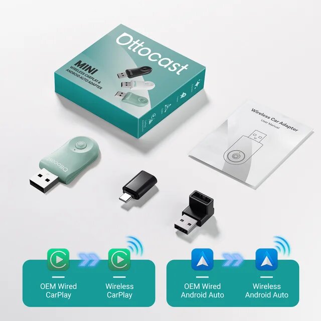 Автомобильный адаптер OTTOCAST MINI 2-в-1 с проводным подключением к беспроводной сети CarPlay и Android (USB-адаптер Wi-Fi), совместимый с автомобилями Volkswagen, Mercedes-Benz, Audi, Kia и Toyota.