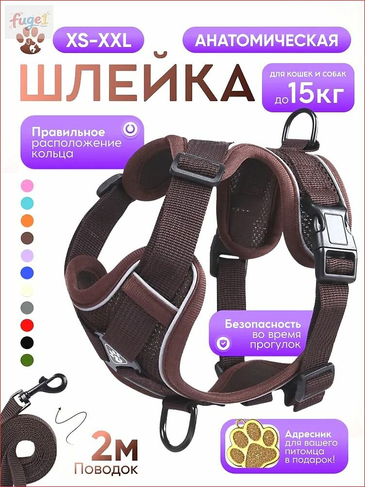 Шлейка для собак мелких пород анатомическая, с поводком 2 метра , размер M, цвет коричневый