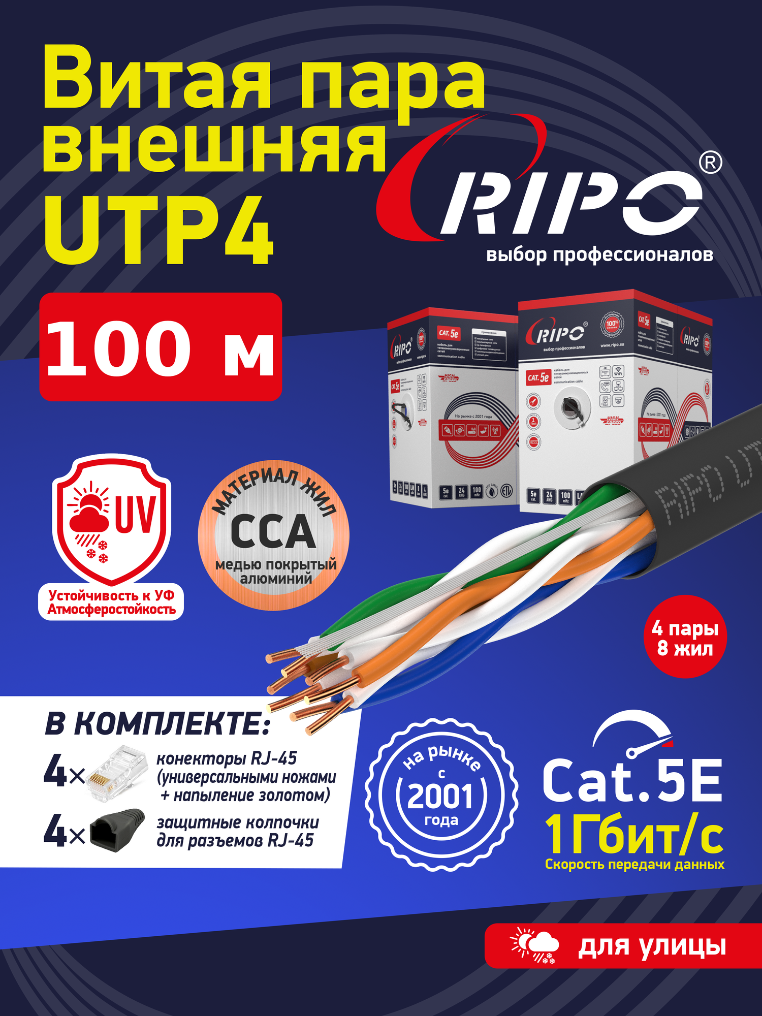 Интернет кабель витая пара LAN UTP4 CAT5E 24AWG, омедненный алюминий, уличный, 100 м