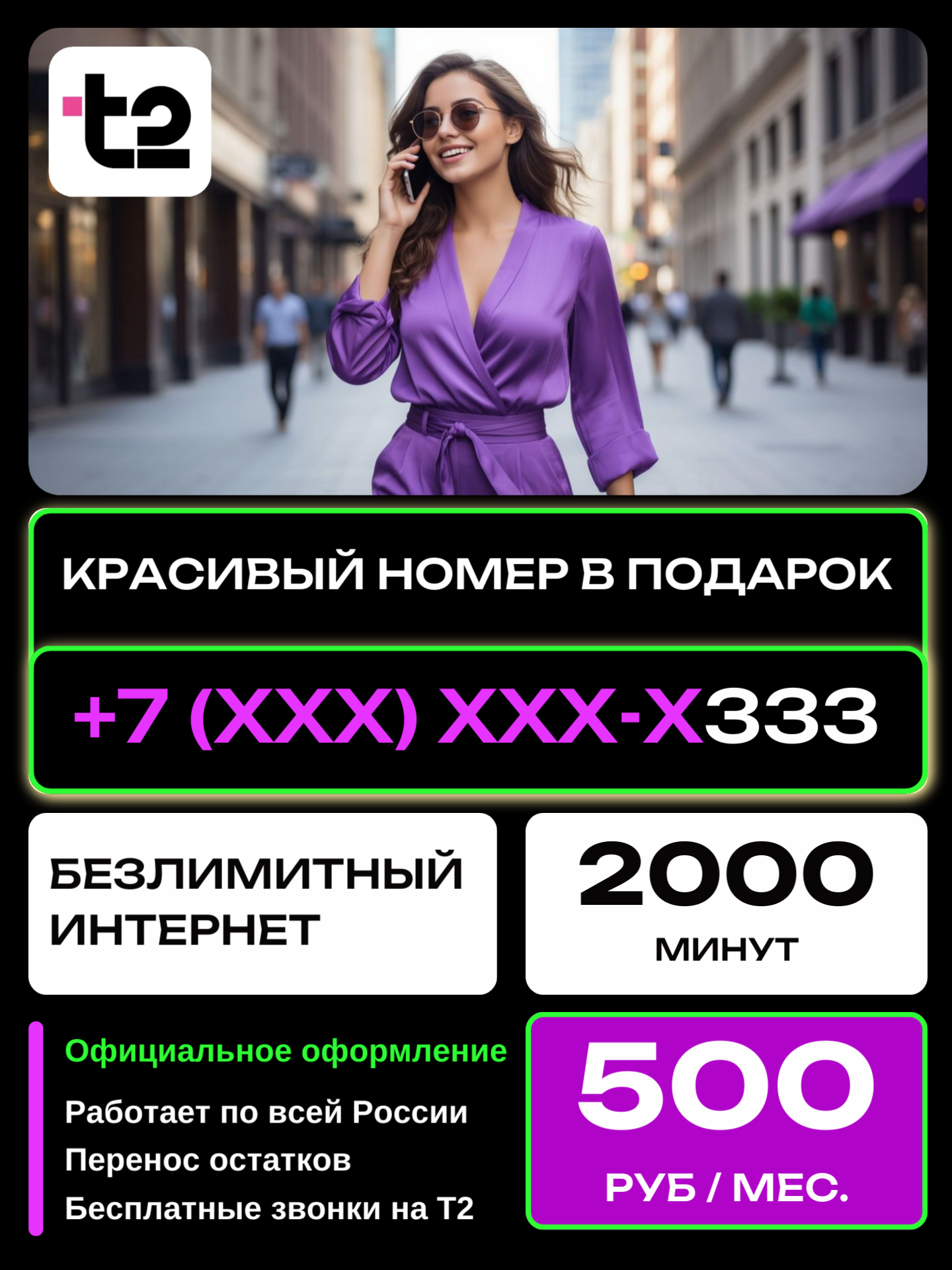 Сим карта. Красивый номер Теле2. Безлимитный интернет, 2000 минут.