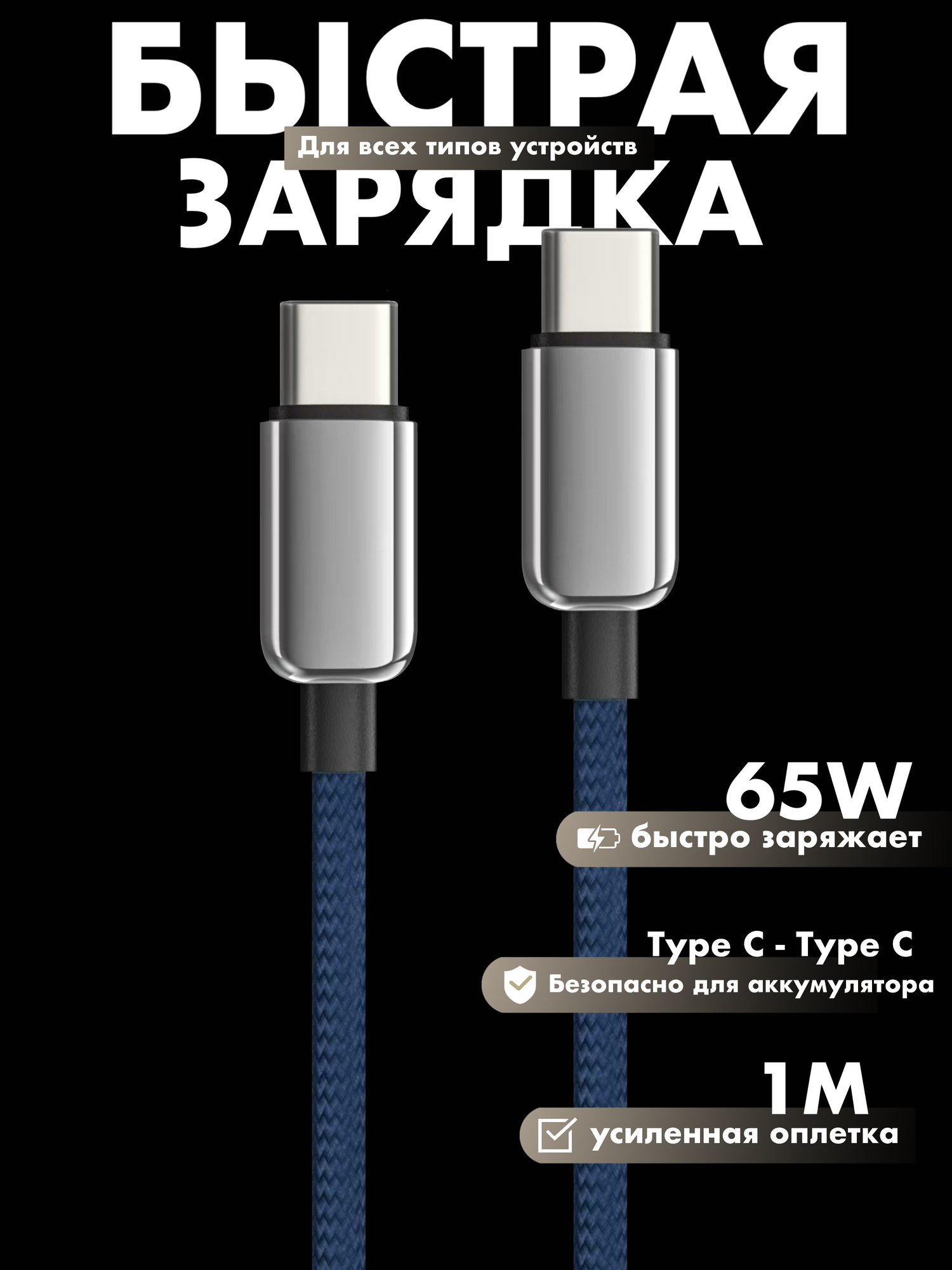 Кабель быстрой зарядки Type-C - Type-C, 65Вт 5A, синий