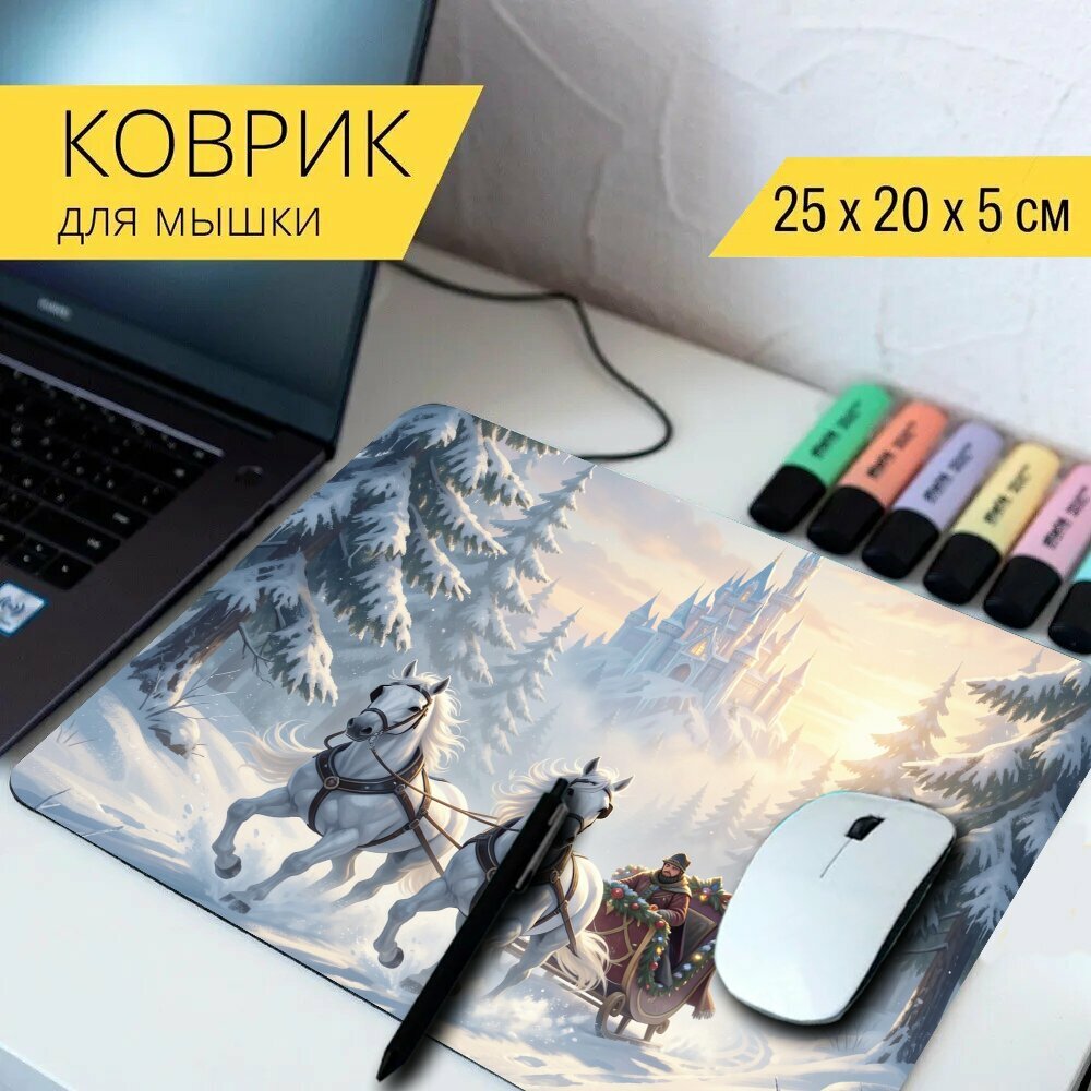 Коврик для мыши с принтом "Зимняя сказка с белыми конями. Снежный лес, парящая над холмами башенная резиденция и запряжённые белые скакуны с санями. Волшебная иллюстрация в." 25x20см.