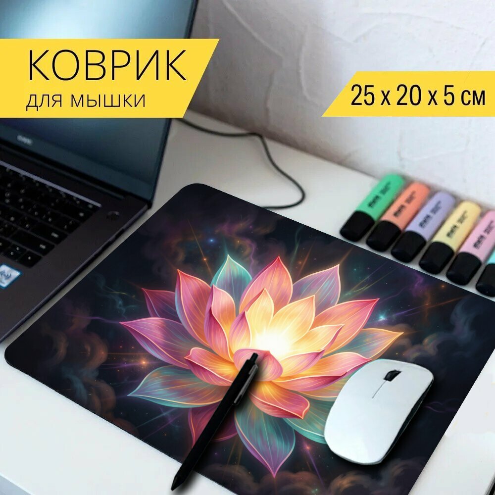 Коврик для мыши с принтом "Сияющий цветок лотоса в космосе. Фантазийный светящийся бутон с многоцветными лепестками, окружённый звёздной дымкой и космическими вспышками." 25x20см.