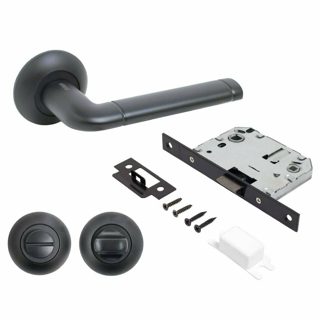 Комплект для сантехнической двери Аллюр поло, матовый черный, алюминиевый сплав, с замком, ручка на круглой розетке