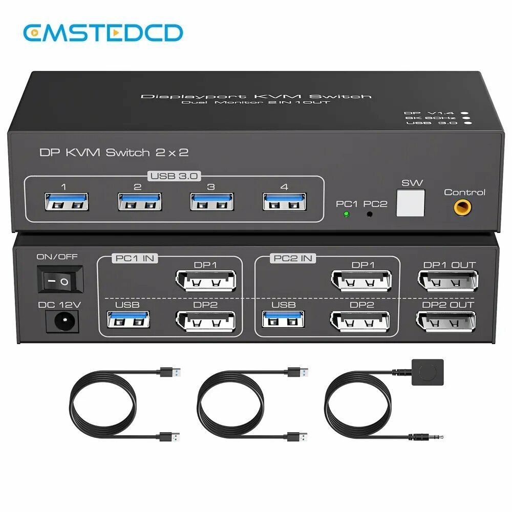 Displayport KVM-переключатель 2 монитора 2 компьютера 8K@60Hz 4K@120Hz Двойной монитор USB 3.0 KVM-переключатель для 4 USB-устройств Мышь Клавиатура