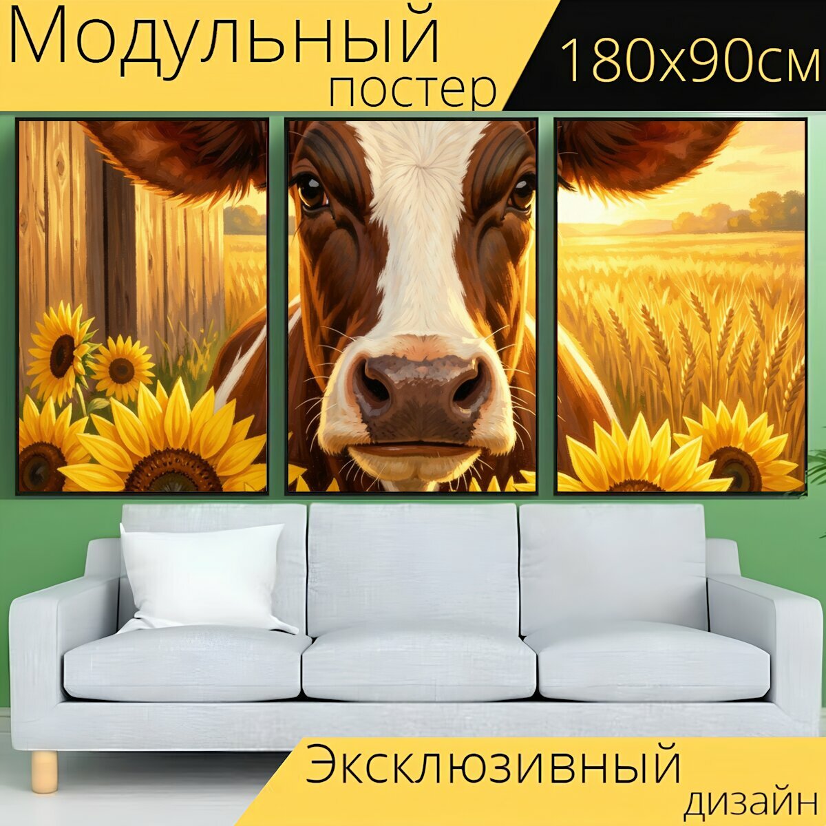 Модульный постер "Корова среди подсолнухов. Милая буренка крупным планом на деревенском поле у амбара, среди ярких солнечных цветов и." 180 x 90 см. для интерьера на стену в тубусе