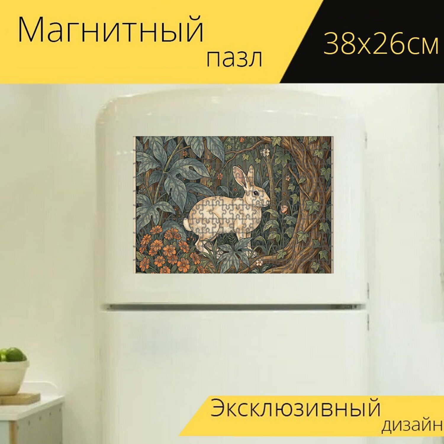 Магнитный пазл "Кролик в лесной чаще. Нежный зайчик среди лиан, плюща и полевых цветов. Декоративная ботаническая иллюстрация в винтажном стиле." для интерьера, 38х26 см.